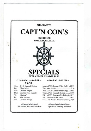 Capt'n Con's Fish House Menu Bokeela Florida 1990's | eBay