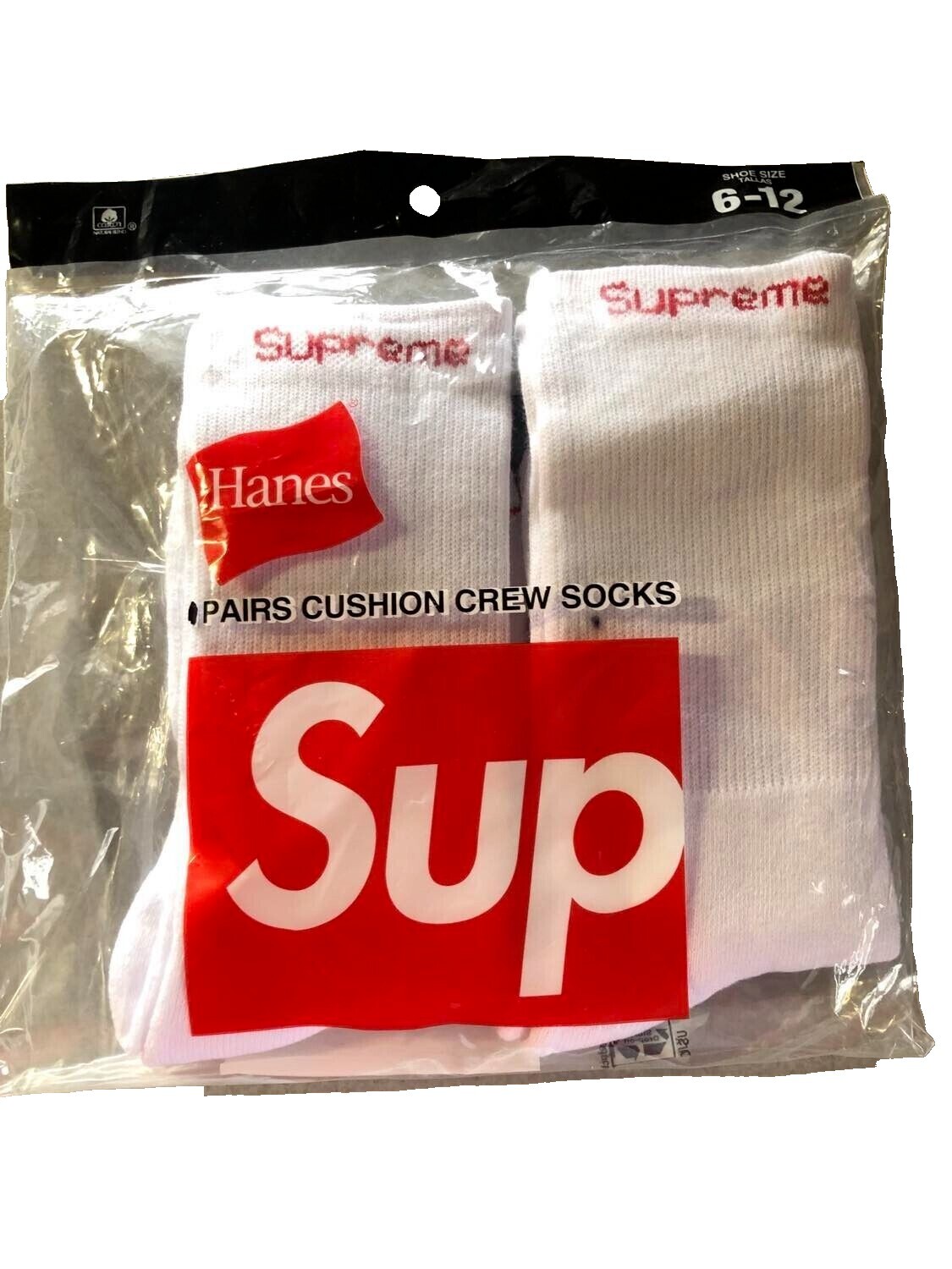 Supreme Hanes Crew Socks 2-Pack WHITE 100% Authentic Size 6-12