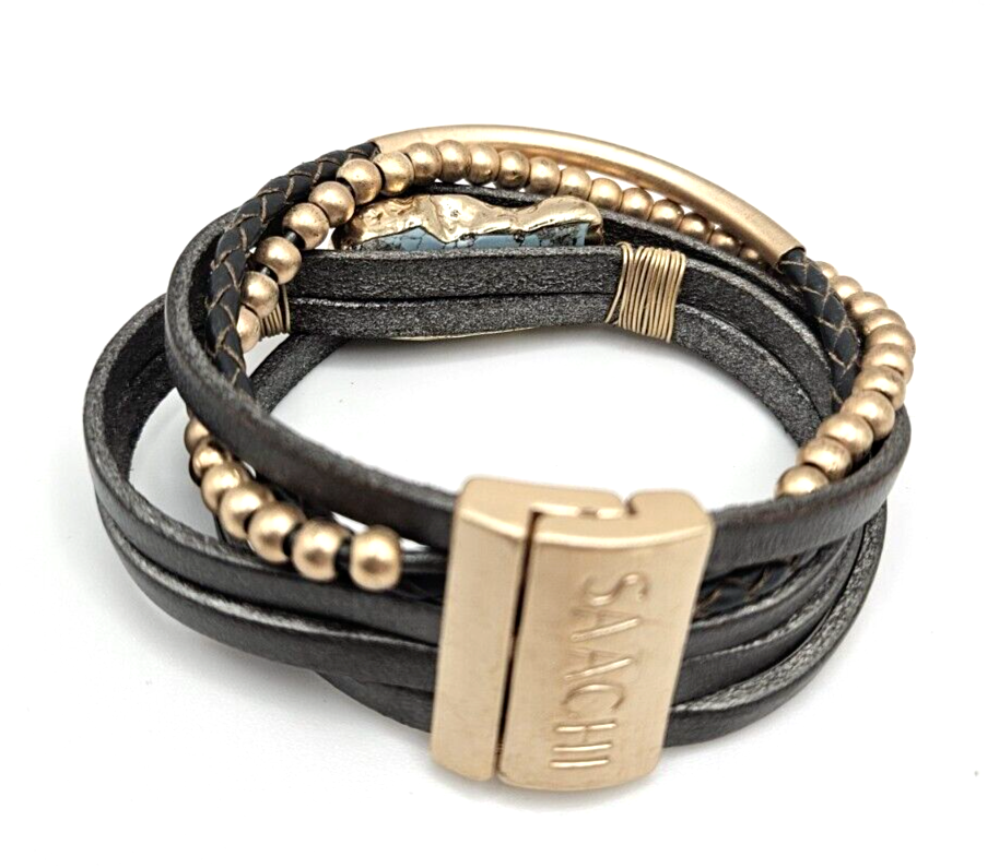 Saachi - Bracelet Stacked Grey Vegan Leather Magnetic Clasp, Layered ...