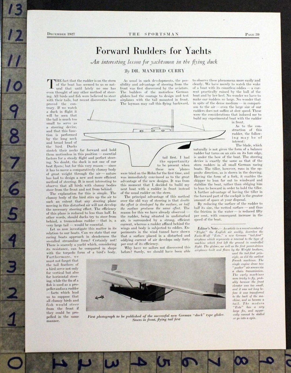 1927 AVIATION AIRPLANE GERMAN DUCK TYPE GLIDER ENTE AIRCRAFT INSERT ...