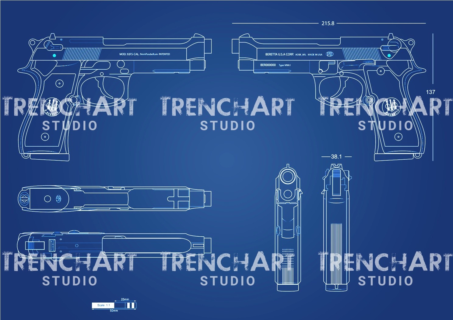 Beretta 92 Pistol Patent Print poster firearm gun browning parabellum ...