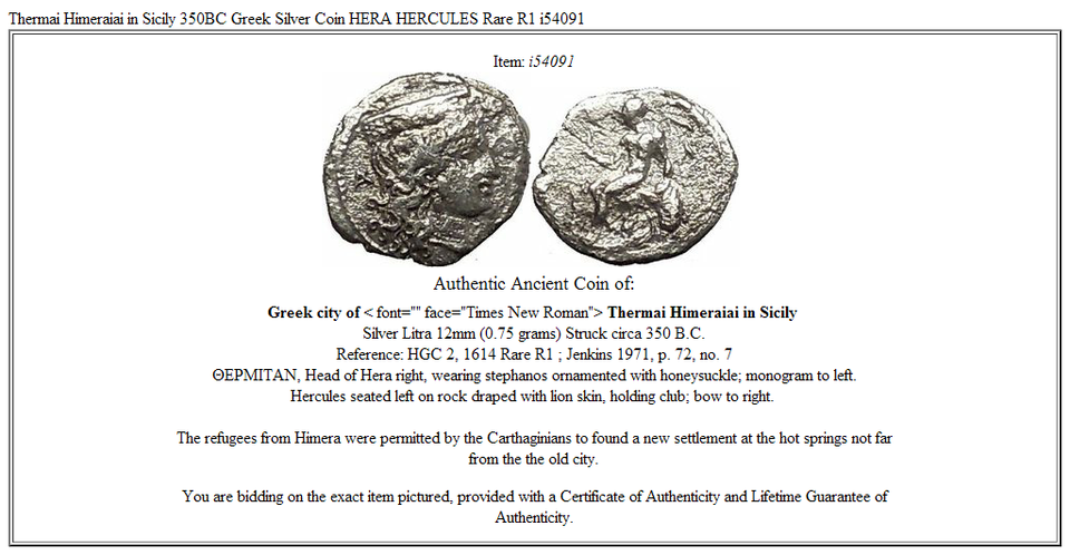 Thermai Himeraiai in Sicily 350BC Greek Silver Coin HERA HERCULES Rare ...