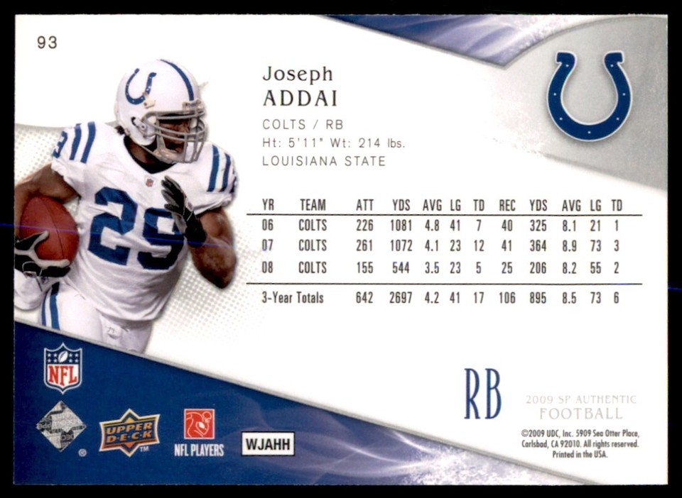 2009 SP AUTHENTIC JOSEPH ADDAI INDIANAPOLIS COLTS #93 | eBay