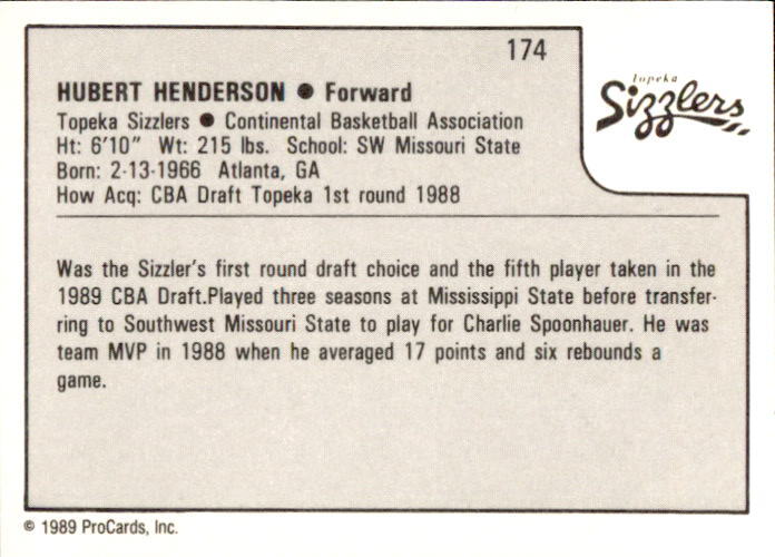 1989-90 ProCards CBA 174 Topeka Sizzlers Hubert Henderson SW Missouri ...