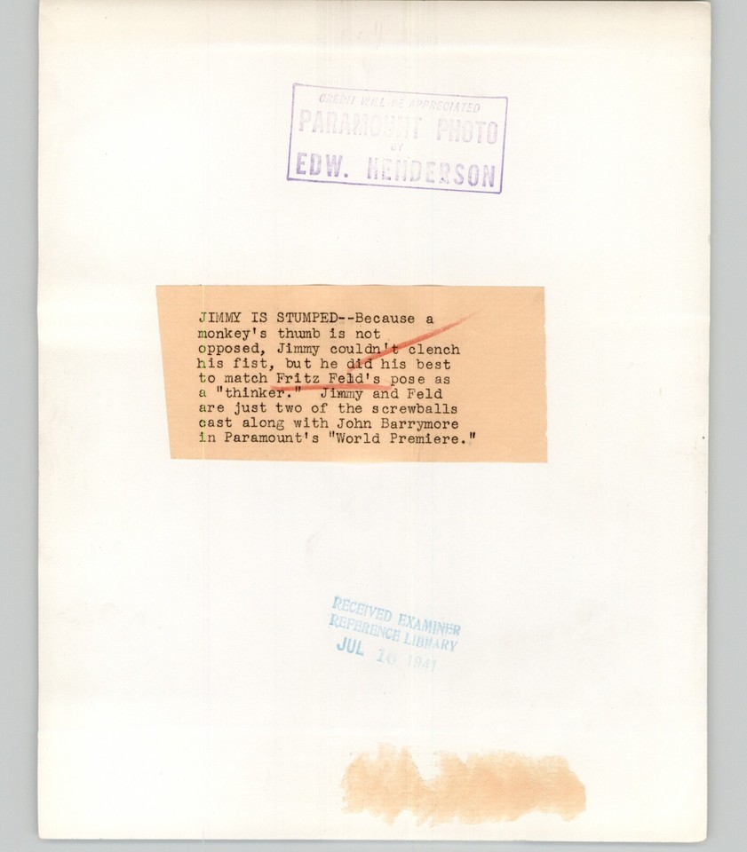 German American FILM Actor FRITZ FELD & Monkey VINTAGE 1941 Press Photo ...