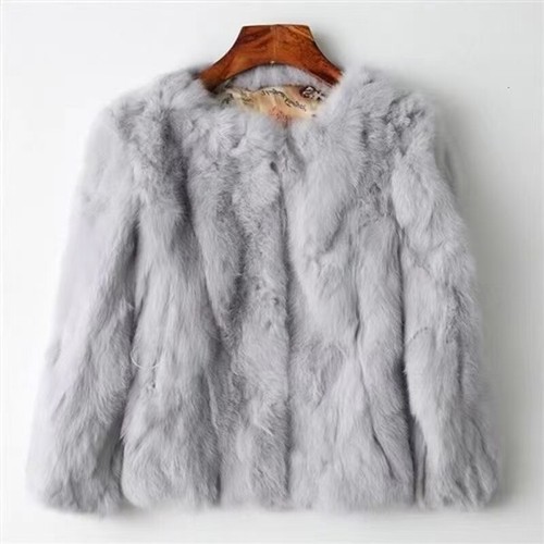 Women's Real Rabbit Fur Jacket Crew Neck Thick Coat 3/4 Sleeves Short ...