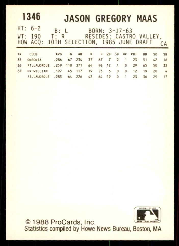 1988 ProCards Jason Maas Baseball Cards #1346 | eBay