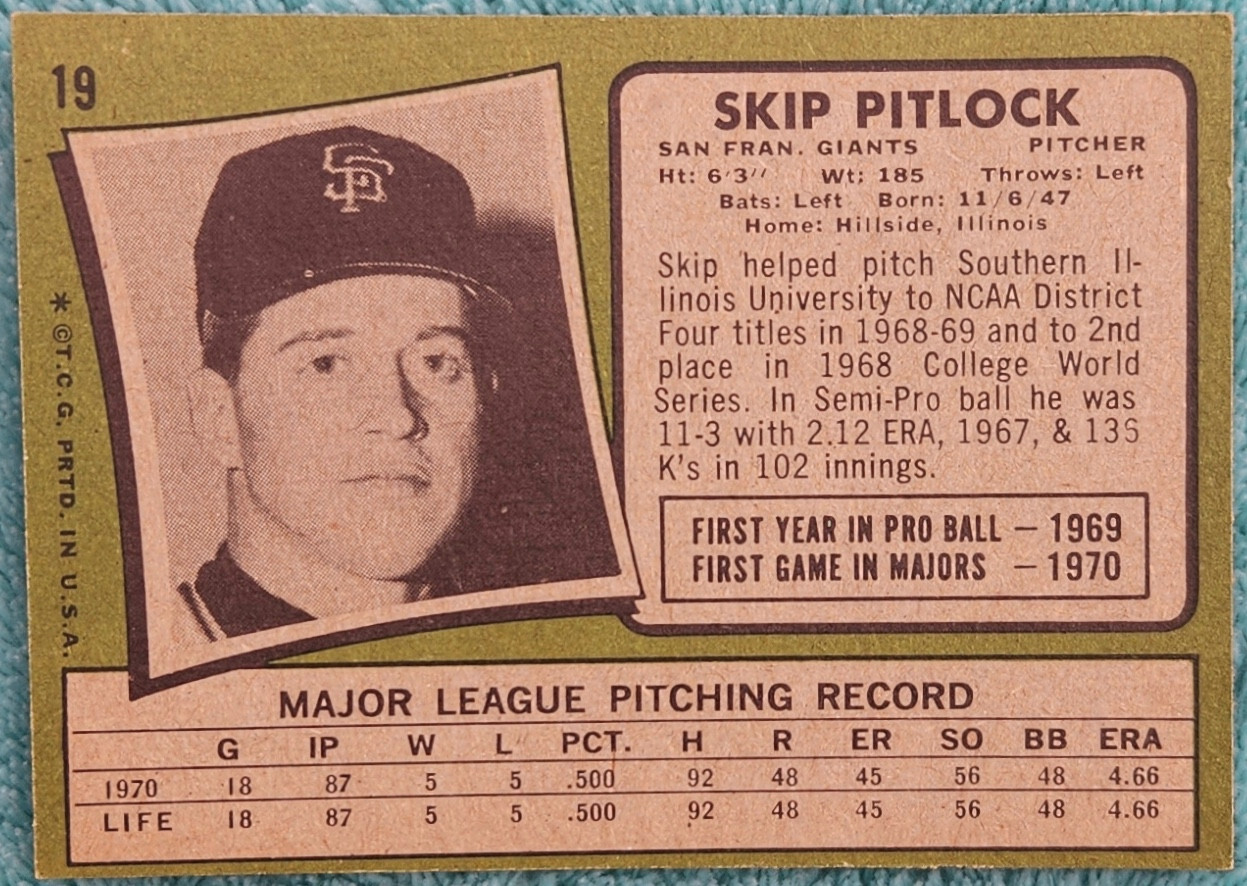 Skip Pitlock San Francisco Giants 1971 Topps Baseball Card #19 Ex | eBay