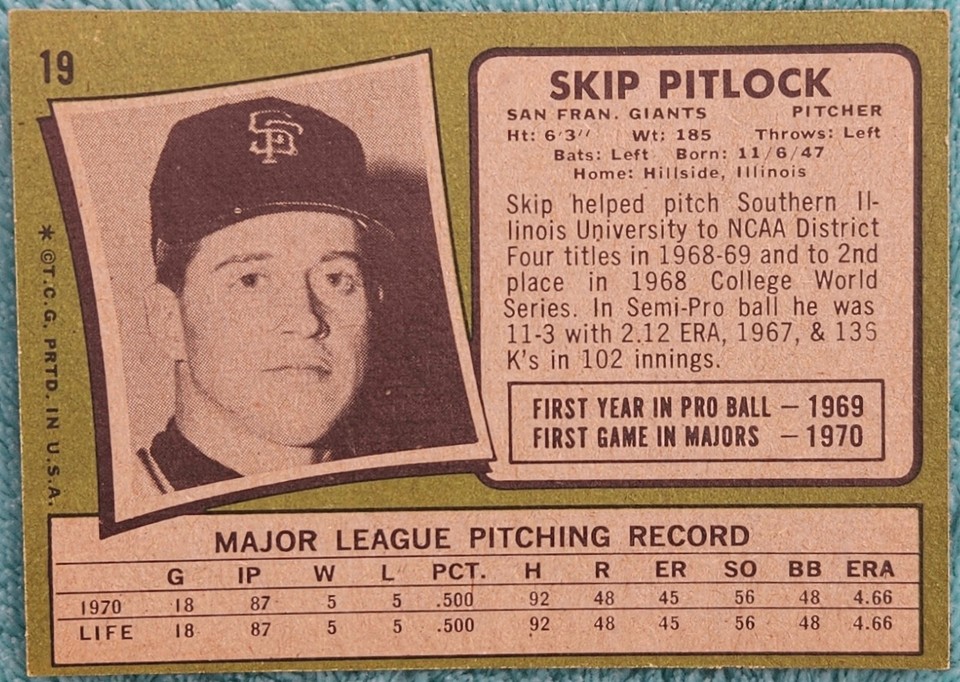 Skip Pitlock San Francisco Giants 1971 Topps Baseball Card #19 Ex | eBay