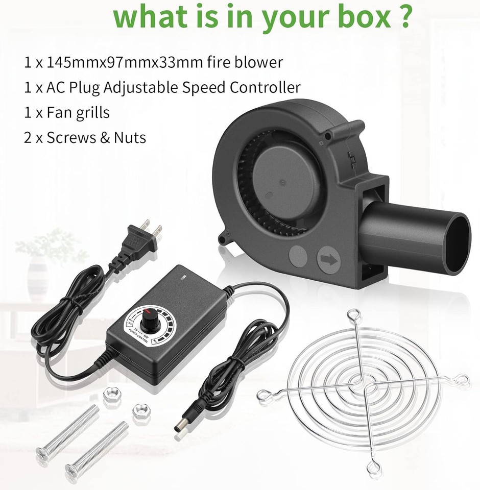 97Mm X 33Mm BBQ Blower Fan 12V with 120V – 240V AC Plug Variable Speed ...