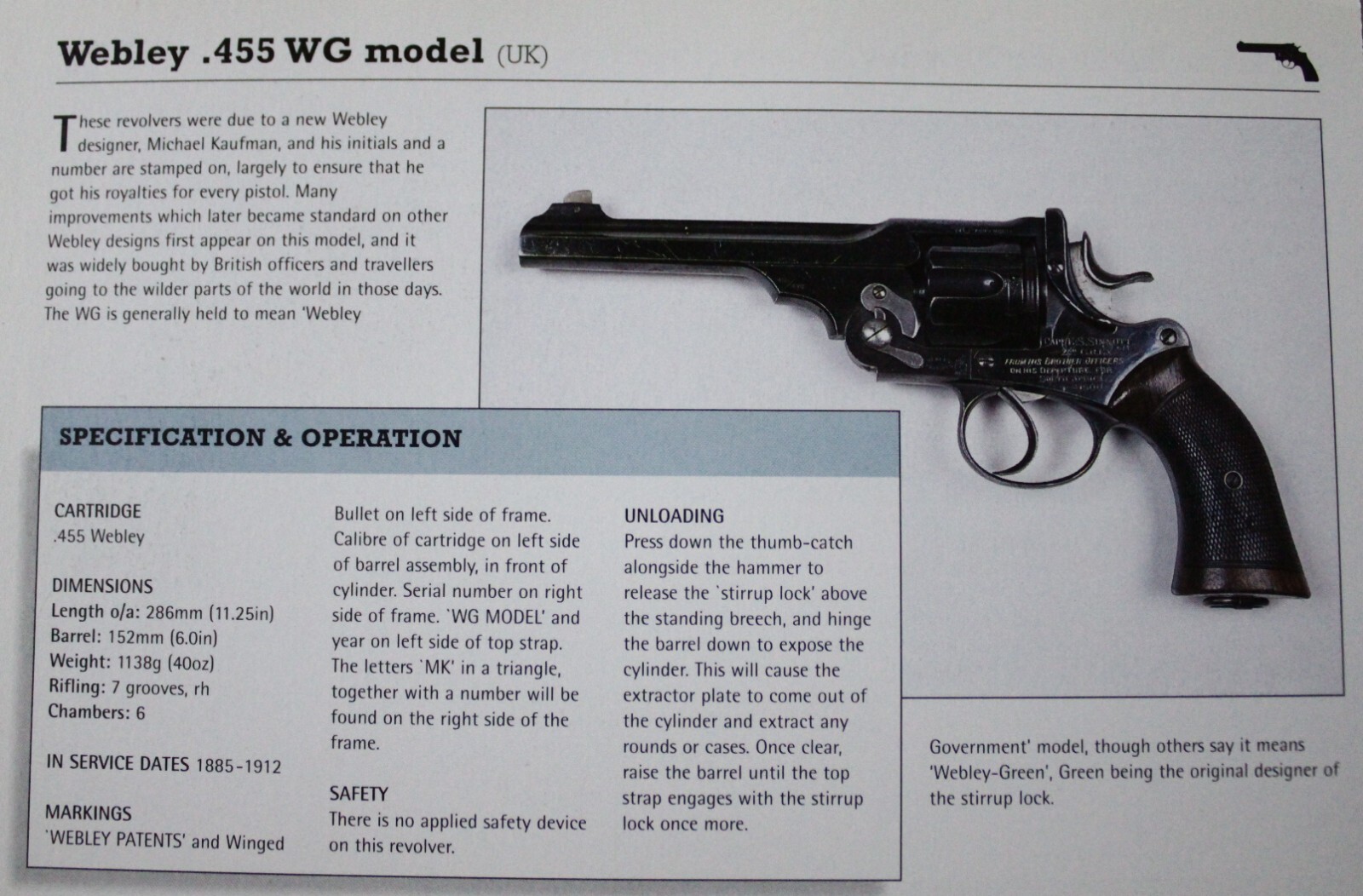 Webley WG Revolver Gun Pistol Picture Out of Print Details Spec Sheet ...