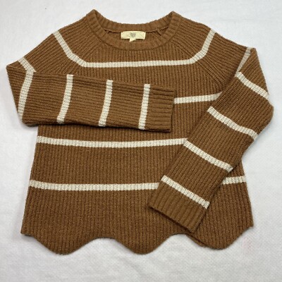 Pinque Womens Sweater sz S Brown Striped Tight Knit Scallop Hem Crew ...