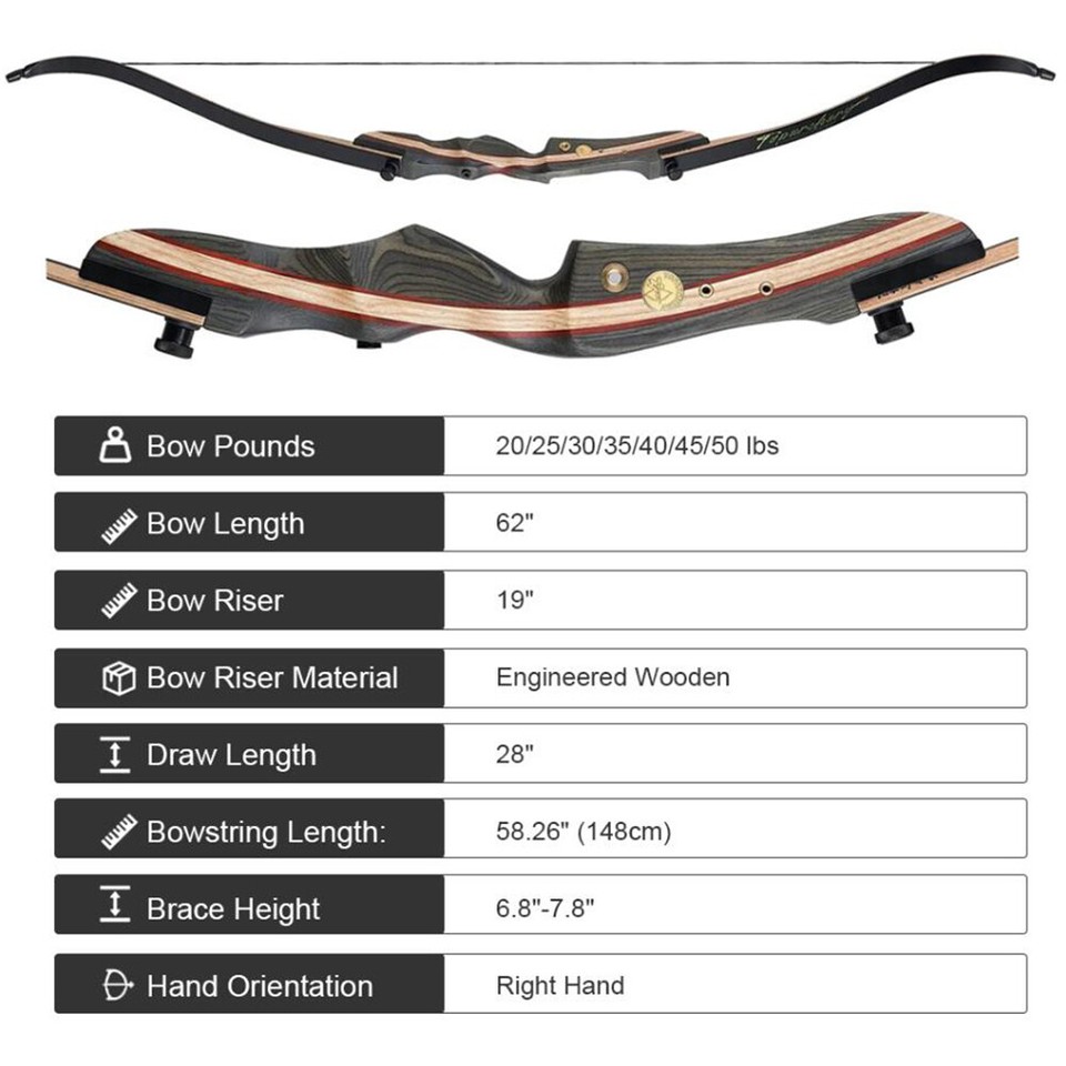 Archery Wooden Takedown Recurve Bow Right Hand 62" Hunting Target Bow 20-50lbs | eBay