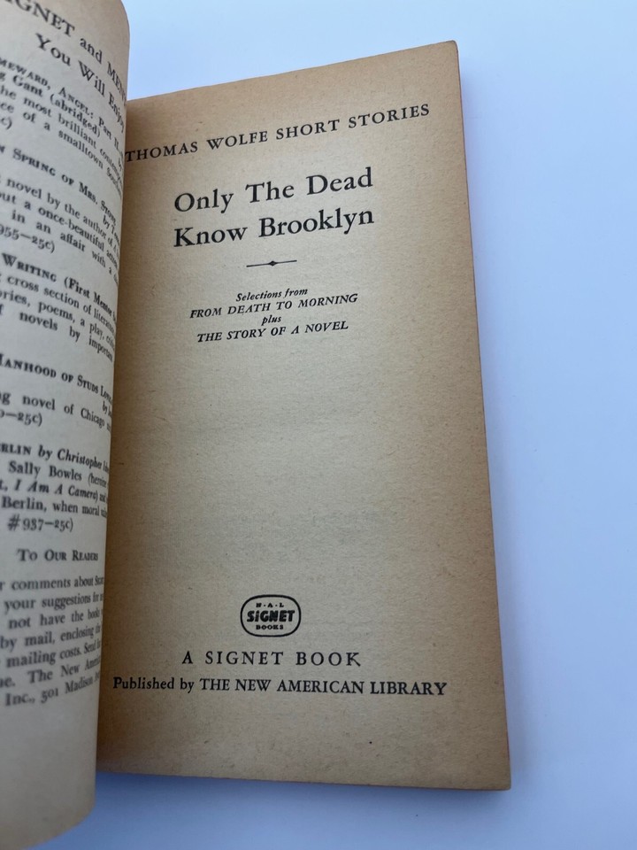 ONLY THE DEAD KNOW BROOKLYN by Thomas Wolfe, Signet 1952 vintage ...