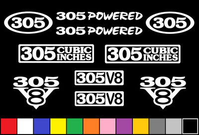 305 CI V8 POWERED 10 DECAL SET SBC ENGINE STICKERS EMBLEMS FENDER BADGE ...