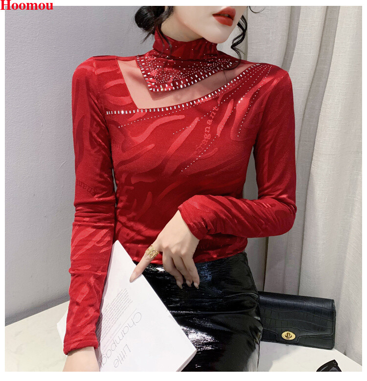 Women Mock High Neck Rhinestone Slim Fit Mesh Party Cocktail Tops ...