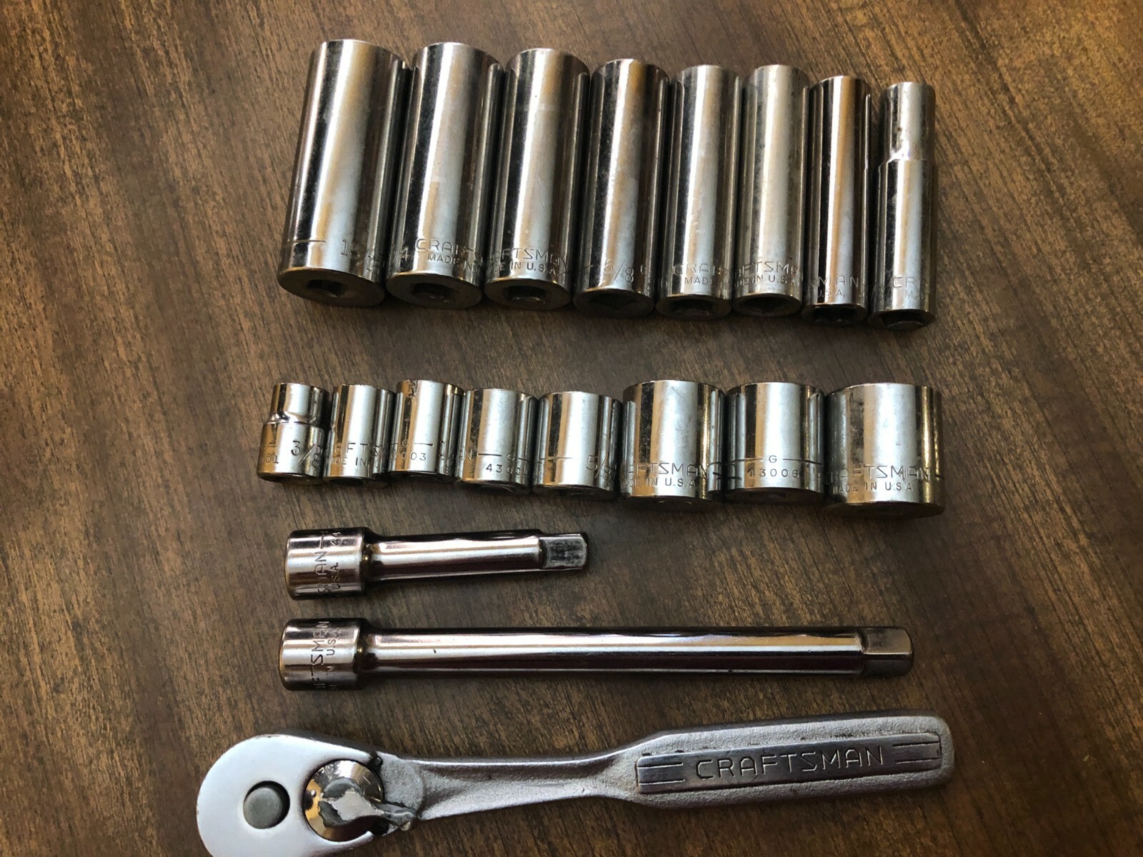 Craftsman Ratchet, 2 extensions, Shallow & Deep Sockets 6 point SAE- 3/ ...