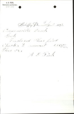 1893 A. D. Fink Contractor & Builder Letter Mahaffey PA to Curwensville ...
