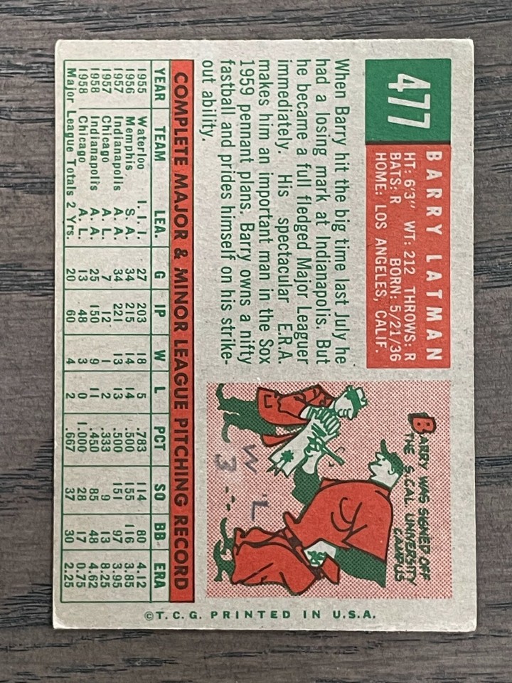 1959 Topps Barry Latman #477 Chicago White Sox (Marked) | eBay