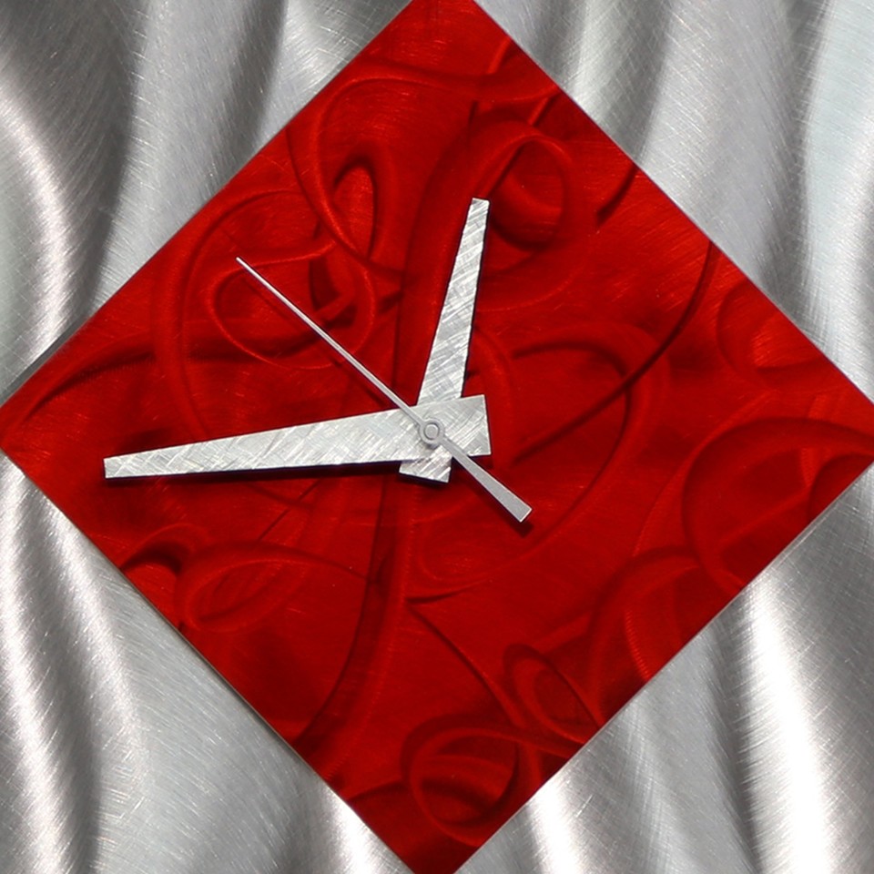 Modern Metal Wall Clock Art Etched Red Silver Hanging Sculpture Office ...