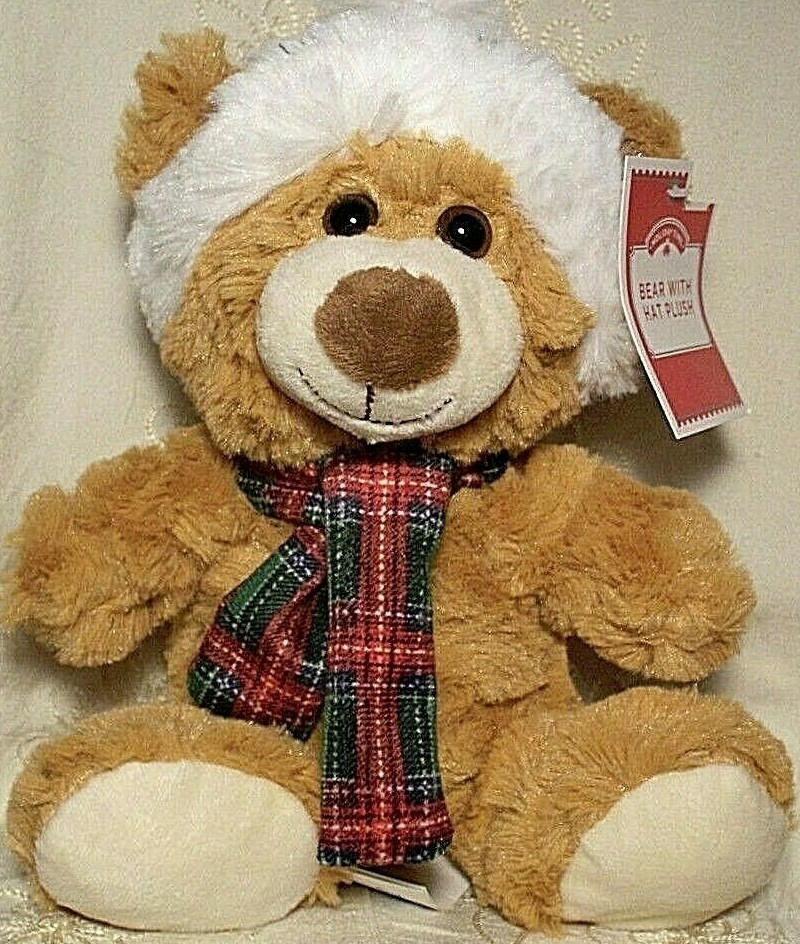 HugFun Small HONEY BROWN SITTING BEAR WITH HAT SCARF Plush Stuffed ...