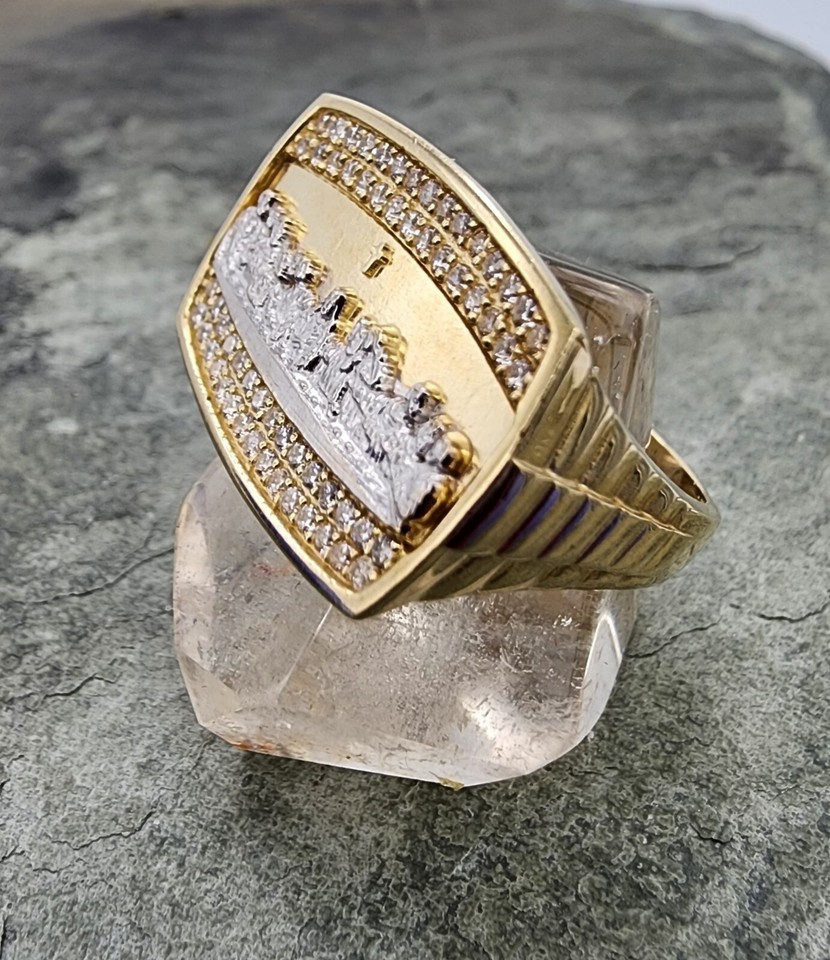 10k .417 Gold Last Supper NG Two-Tone Iced Signet Sz 10 Ring Au 2448 | eBay
