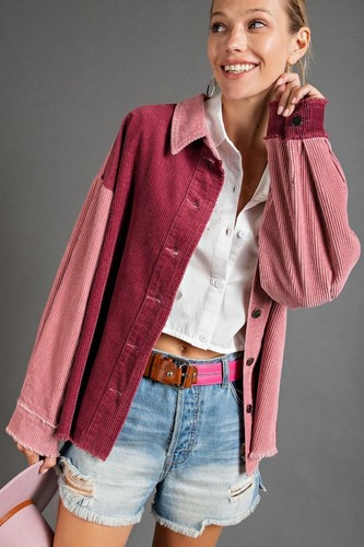 Easel Color Block Button-Down Corduroy Jacket Shacket in Raspberry Pink ...