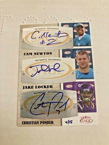 2011 Sage Cam Newton, Jake Locker, Christian Ponder Autograph 4/15 Made ...