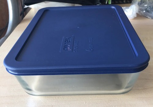 PYREX STORAGE 3 CUP #7210 RECTANGULAR GLASS BOWL 750 Ml WITH BLUE LID ...