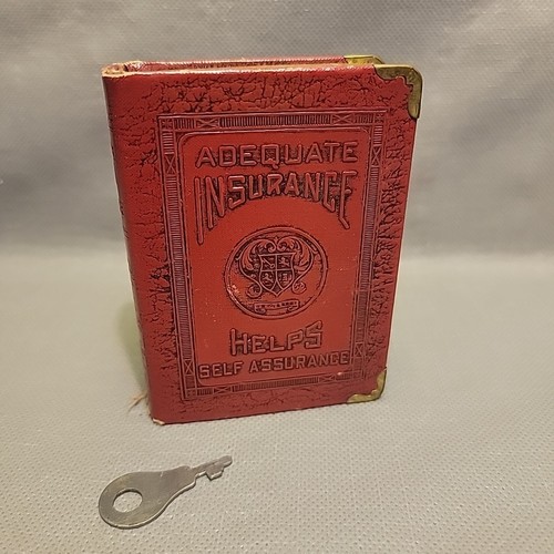 Adequate Insurance Mini Book Coin Bank w/ Key Faux Leather & Brass 4.25 ...