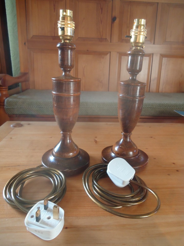Pair of Vintage Antique Solid Oak Table Lamps Full Rewire with New ...