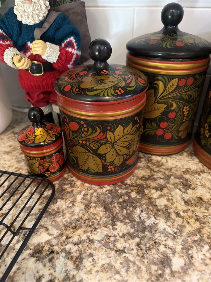 Vintage Russian Khokhloma Jar w/ Lid Hand Painted Lacquer Wooden ...