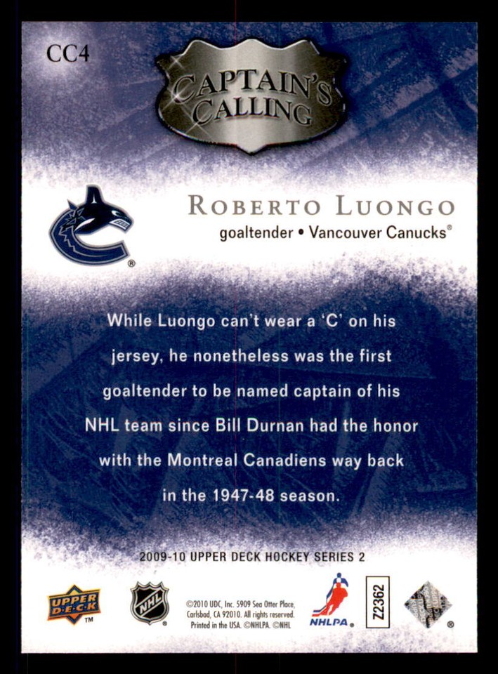 2009-10 Upper Deck Captain's Calling #CC4 Roberto Luongo Vancouver ...