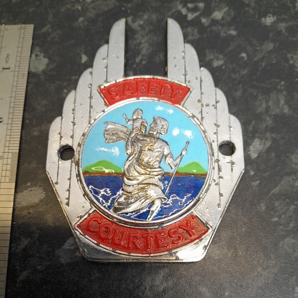 VINTAGE St CHRISTOPHER CAR BADGE, SAFETY & COURTESY, ENAMEL & CHROME ...