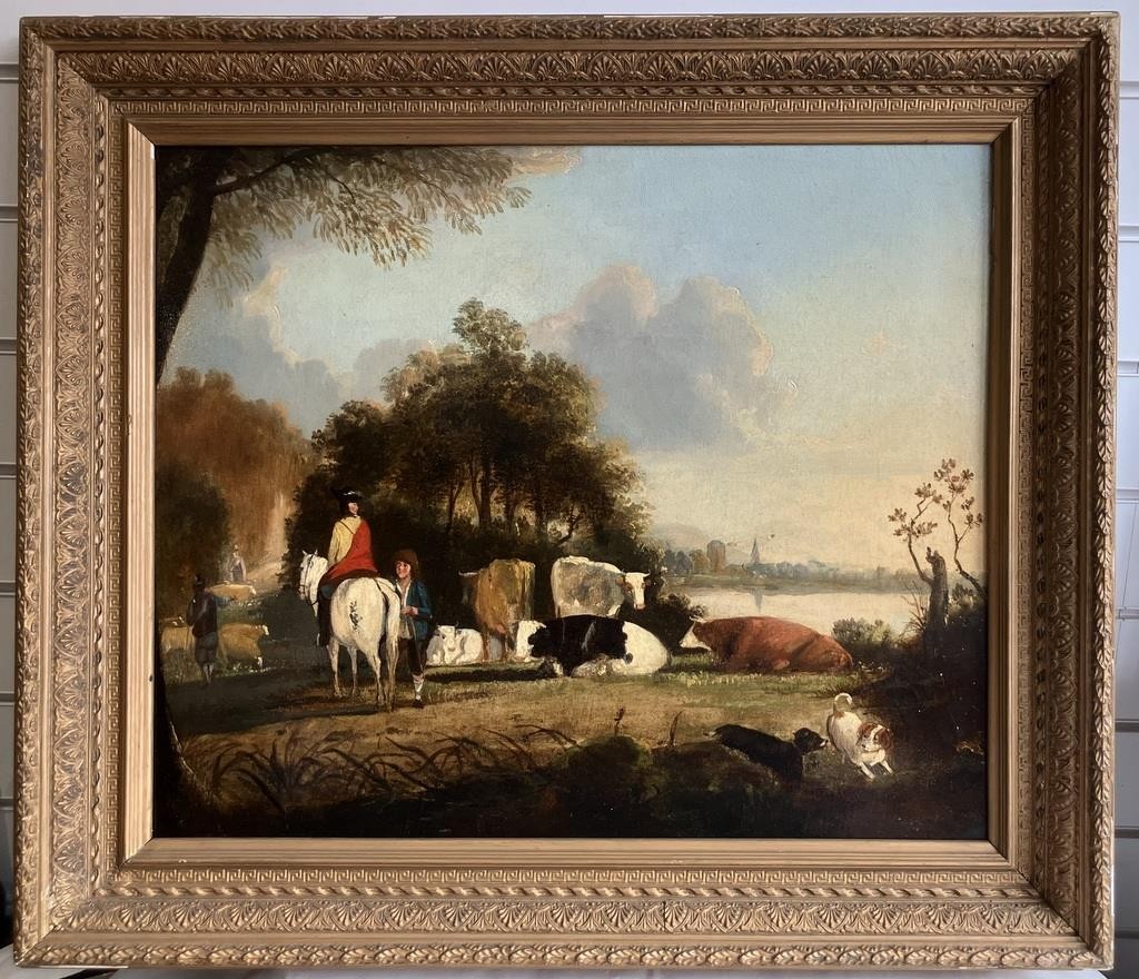 Antique Oil Painting Cattle at Dusk Large BRITISH PRIMITIVE Landscape ...