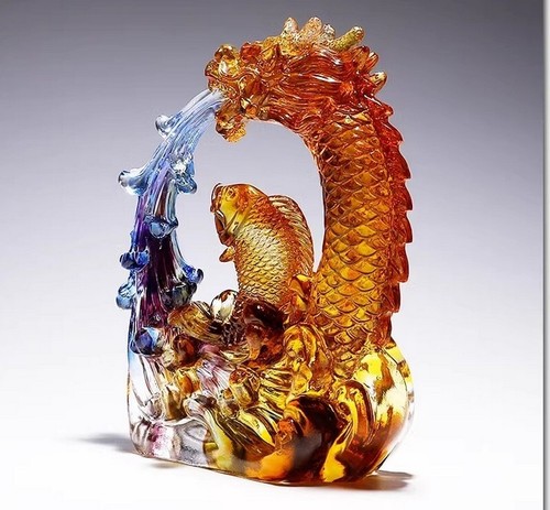 Chinese Liu Li Crystal Glass Jumping Carp Fish Dragon Gate Statue Feng ...