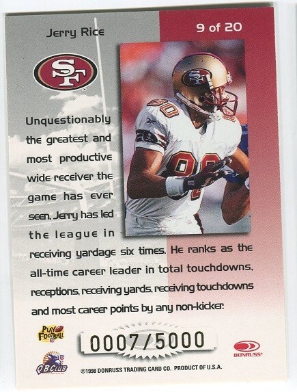 1998 Leaf Rookies & Stars Touchdown Club #9 Jerry Rice 0007/5000 49ers ...