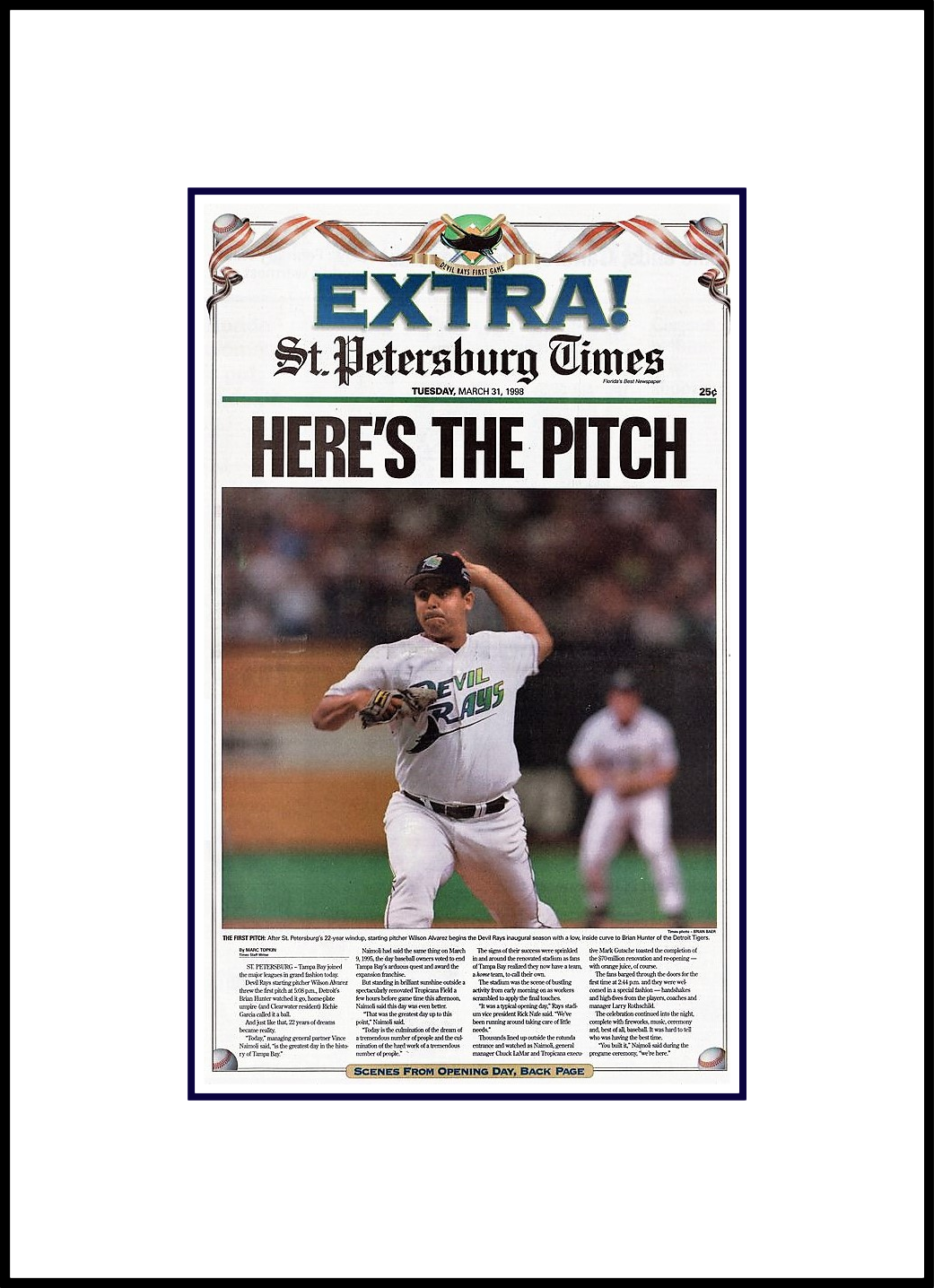 TAMPA BAY DEVIL.DEVIL RAYS MATTED PHOTO OF INAUGURAL SEASON 1ST PITCH ...