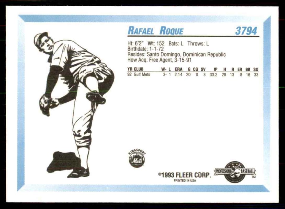 1993 Fleer ProCards Rafael Roque Kingsport Mets #3794 | eBay
