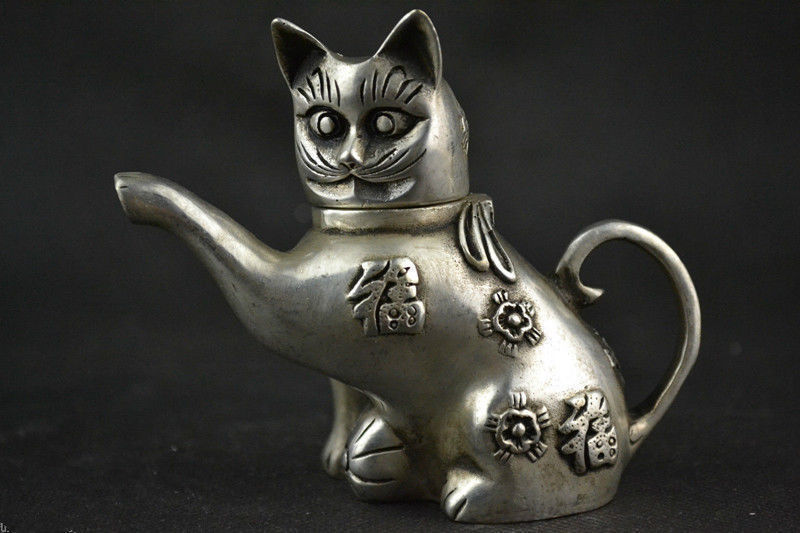 Chinese Collectible Decorate Handwork Old Tibet silver carving cat ...