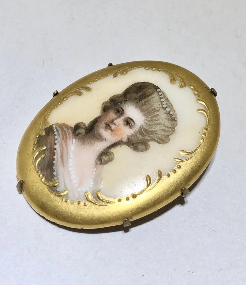 10k Gold Antique Victorian Hand Painted Porcelain Portrait Brooch Pin ...