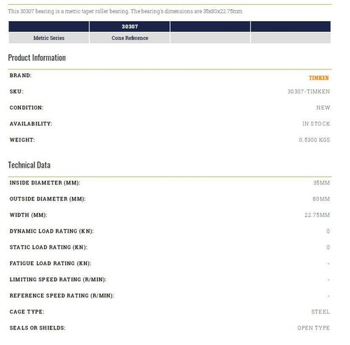 TIMKEN 30307 Taper Roller Bearing 35x80x22.75mm. | eBay