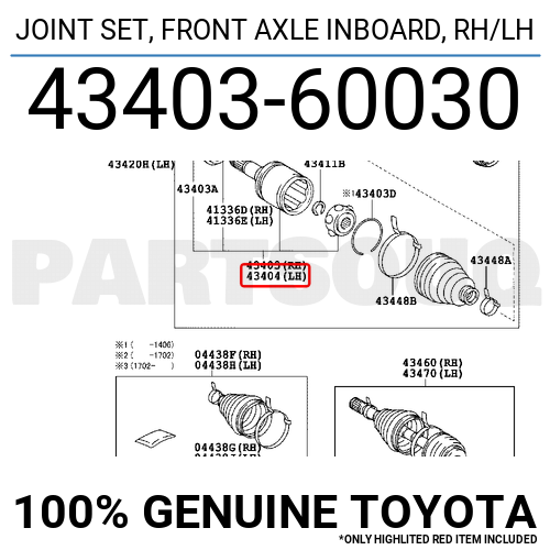 4340360030 Genuine Toyota JOINT SET, FRONT AXLE INBOARD, RH/LH 43403 ...