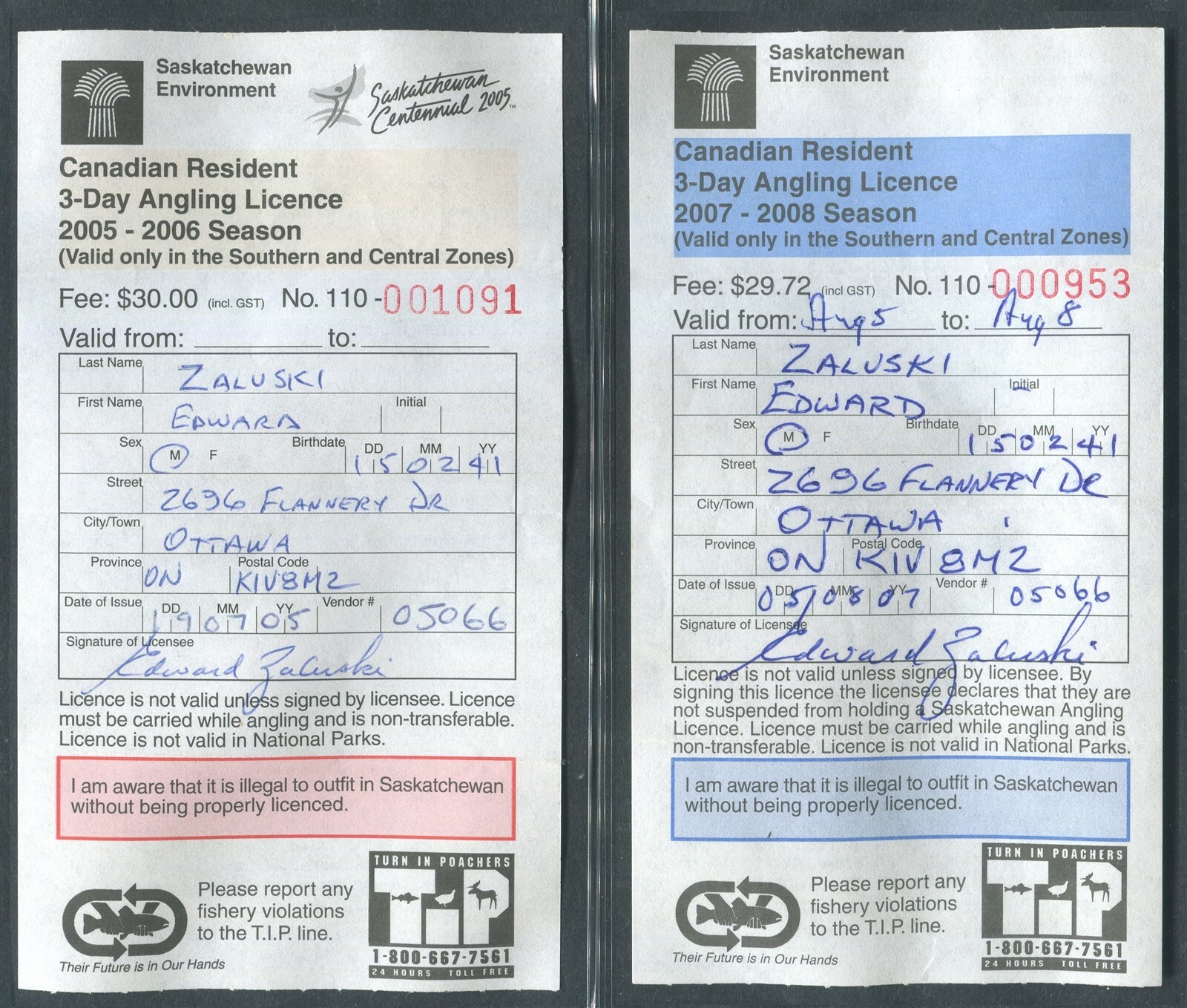 CANADA REVENUE SASKATCHEWAN ANGLING LICENCE COLLECTION 1975//2011 | eBay