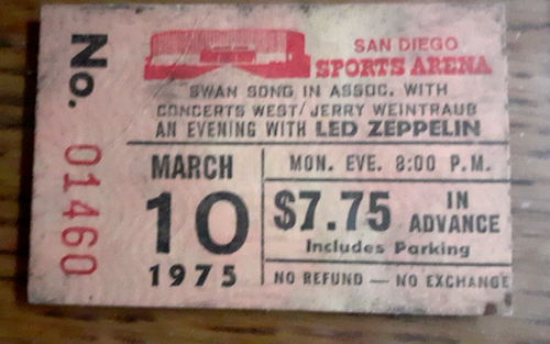 RARE: LED ZEPPELIN CONCERT TICKET STUB, S.D. SPORTS ARENA 1975 vintage ...