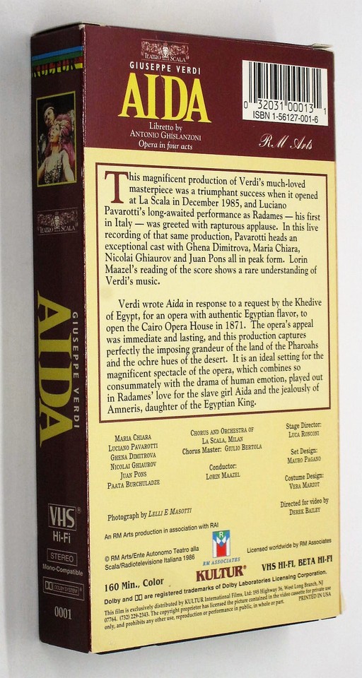 Giuseppe Verdi AIDA VHS Italian Opera with English Subtitles Luciano ...