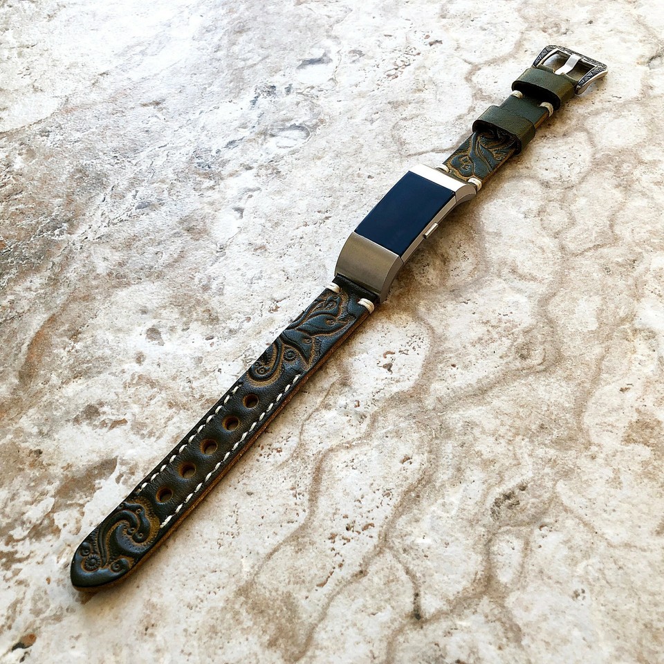 Green and Yellow Embossed Leather Watch Strap Band for Fitbit Charge 6 ...