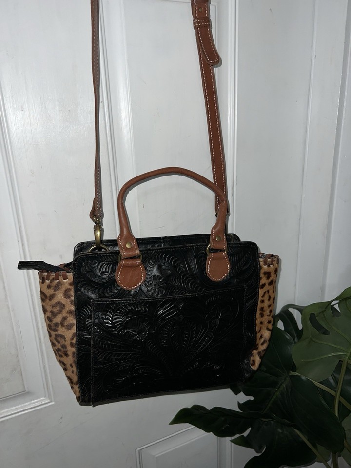 American West Women Calf Hair Leopard Print Brown Black Women Tote ...