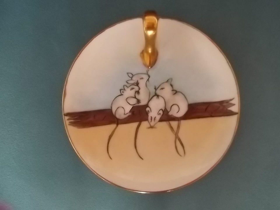 Vtg R & S TILLOWITZ BLUE/YELLOW/BROWN/WHITE MICE Candy/Nut DISH Gold ...
