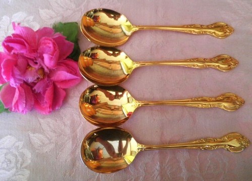 VINTAGE RODD GOLDEN GLORY SOUP SPOONS X4 GOLD PLATED 18CM SPOONS see ...
